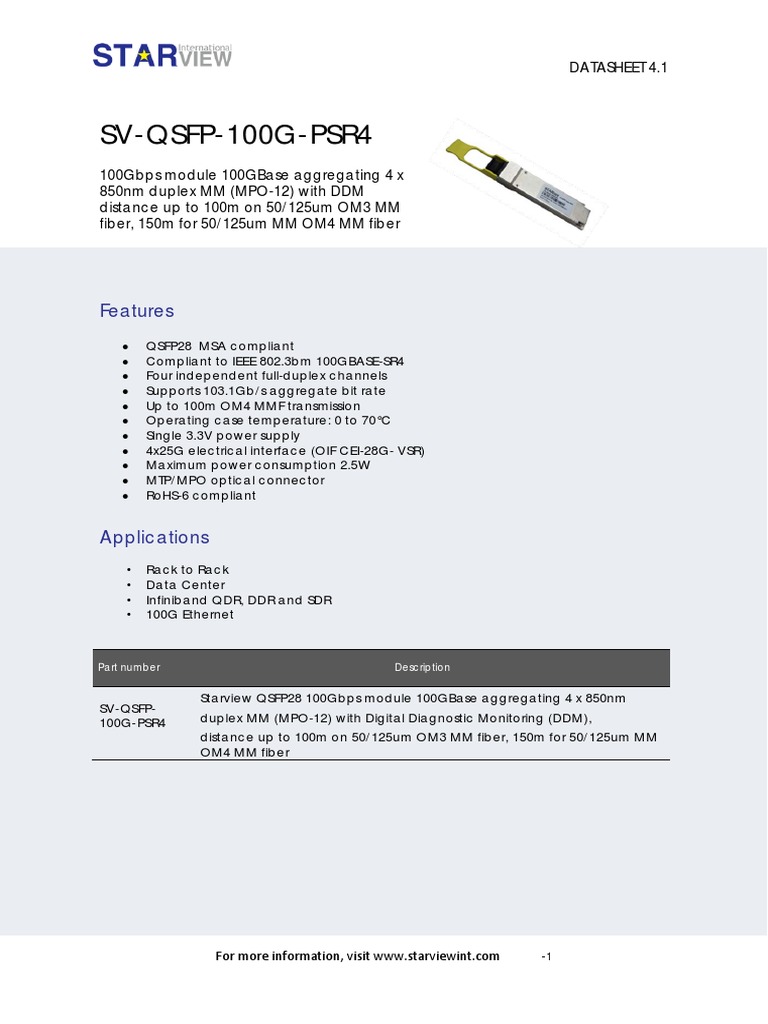 Datasheet-QSFP 100GBase Aggregating 4 X 850nm (SV-QSFP-100G-PSR4 ...