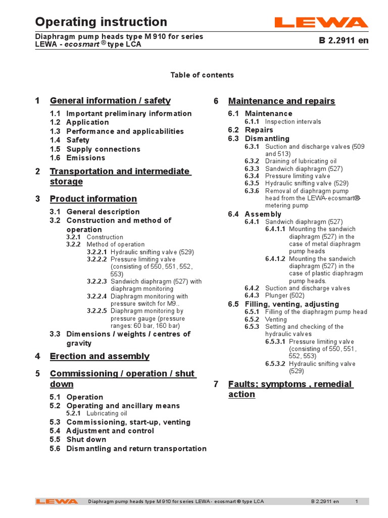 Operating Instruction: 1 Diaphragm Pump Heads Type M 910 For Series ...