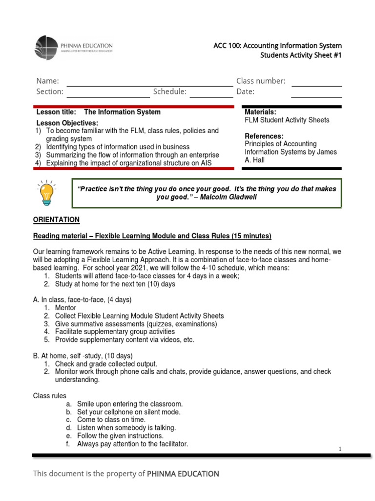 Name: Class Number: Section: Schedule: Date:: Lesson Title: The Information System Lesson ...