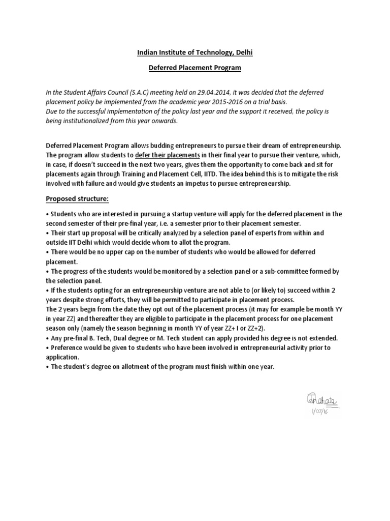 Deferred Placement Policy | PDF | Entrepreneurship | Startup Company