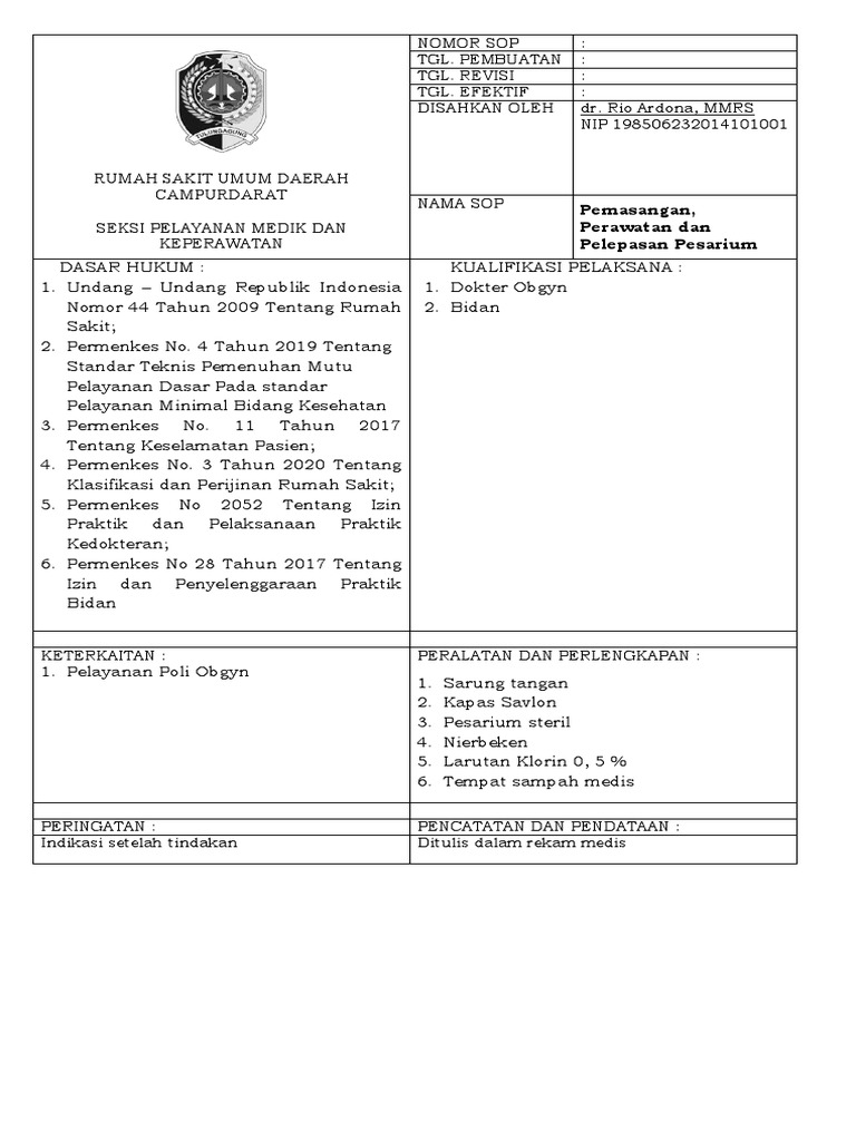 SOP Pemasangan Pesarium RSUD | PDF