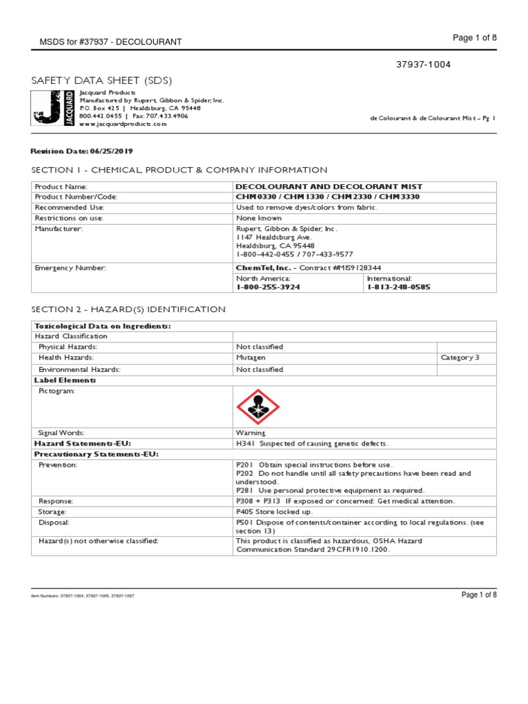 Safety Data Sheet (SDS) : Page 1 of 8 MSDS For #37937 - DECOLOURANT ...
