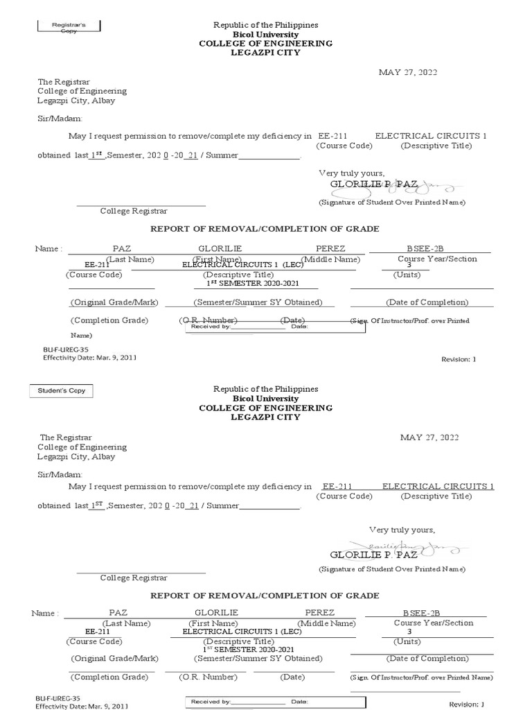 Glorilie P. Paz: Report of Removal/Completion of Grade | PDF