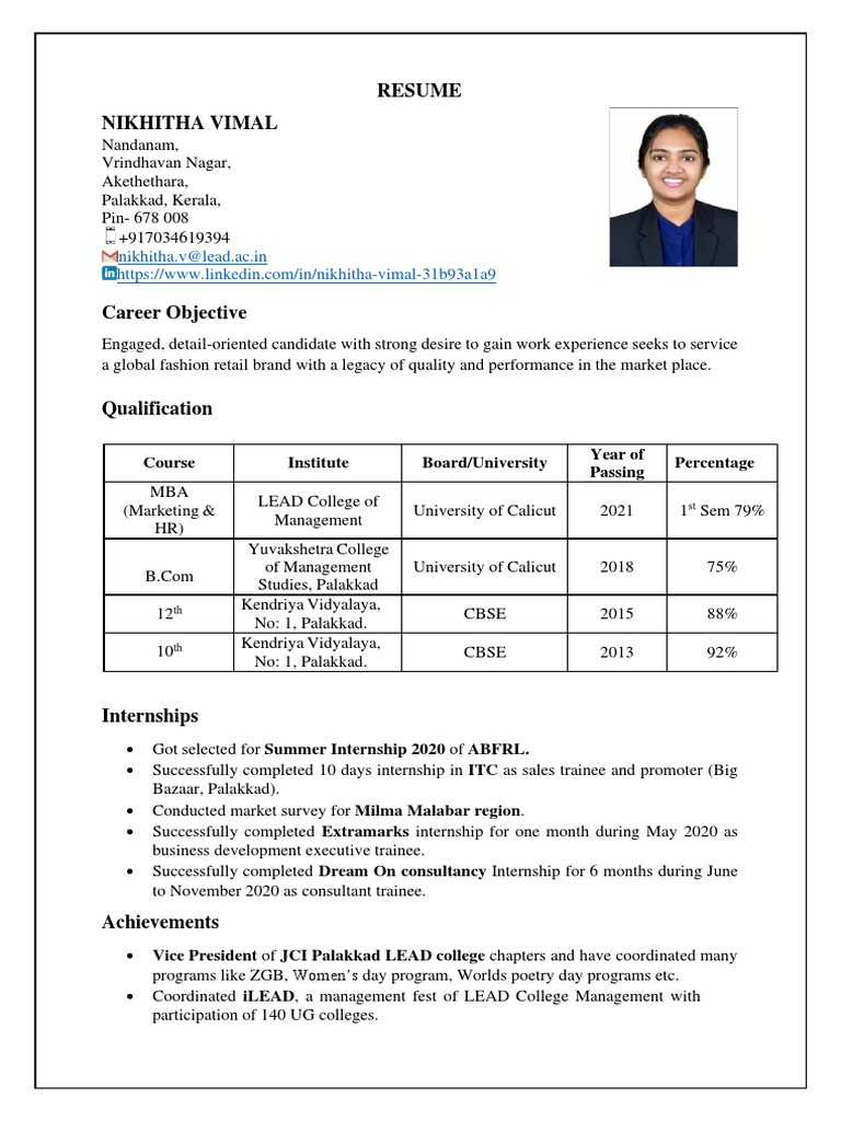 Nikhitha Vimal (ABFRL) RESUME. | PDF