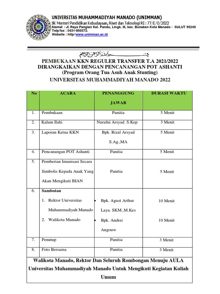 Rundown Acara Pembukaan KKN Unimman 2022 | PDF