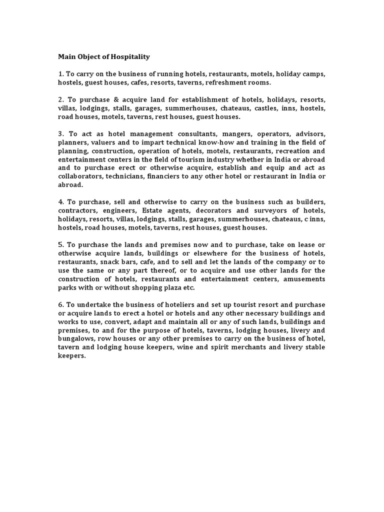 Main Objectives of Hospitality Business | PDF | Law
