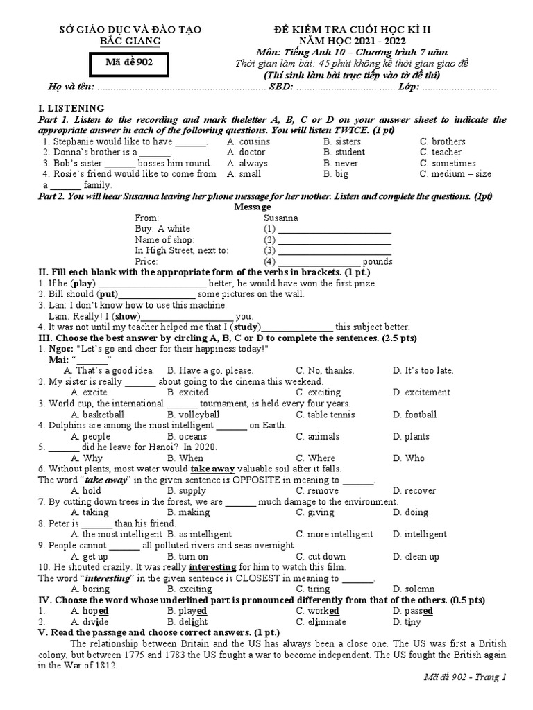 Sở Giáo Dục Và Đào Tạo Bắc Giang Đề Kiểm Tra Cuối Học Kì Ii NĂM HỌC 2021 - 2022 Mã đề 902 | PDF ...