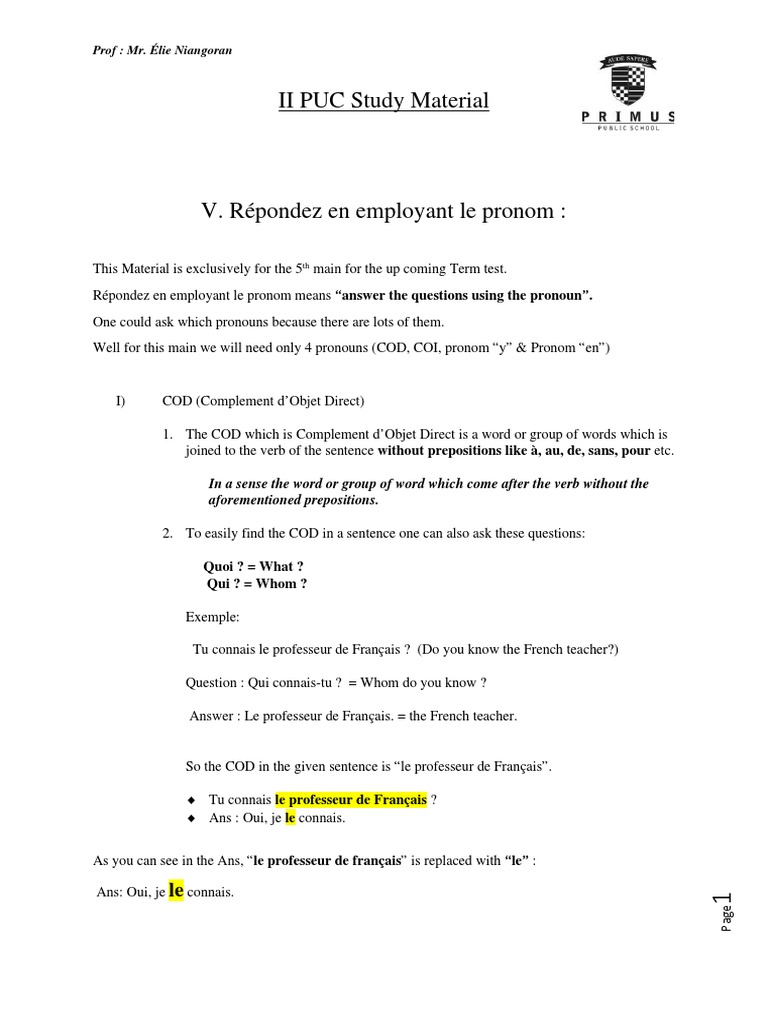 FRENCH II PUC Study Material | PDF | Grammatical Gender | Verb