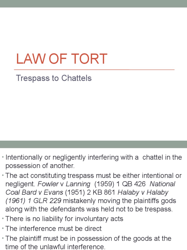 Law of Tort Trespass To Goods | PDF | Conversion (Law) | Trespass