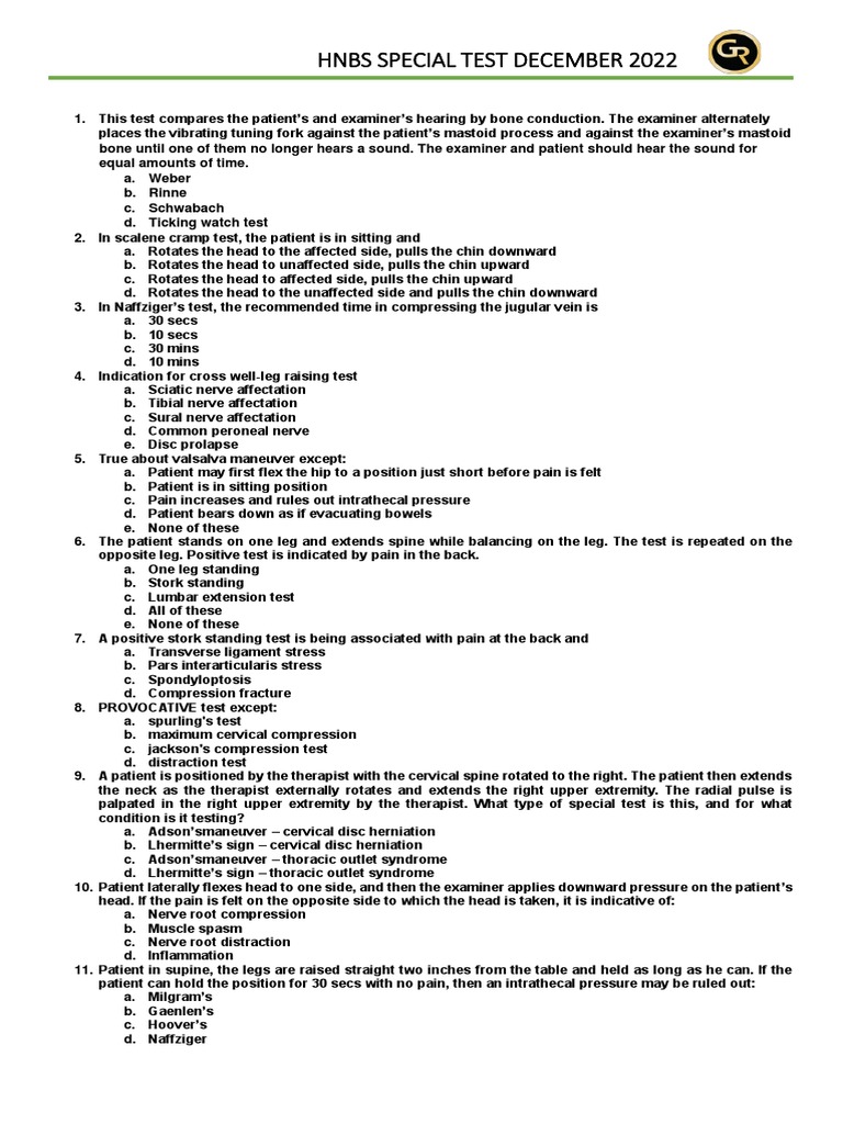 HEAD NECK BACK SPINE SPECIAL TESTS December 2022 | Download Free PDF ...