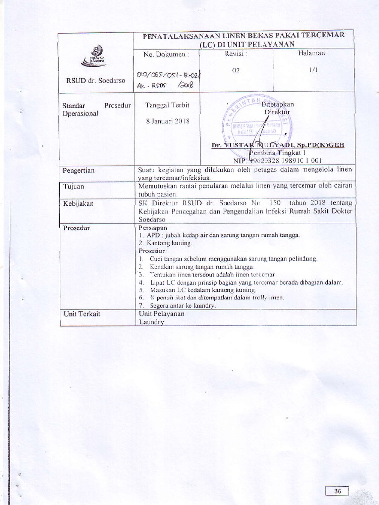 Penatalaksanaan Linen Bekas Pakai Tercemar LC Di Unit Pelayanan | PDF