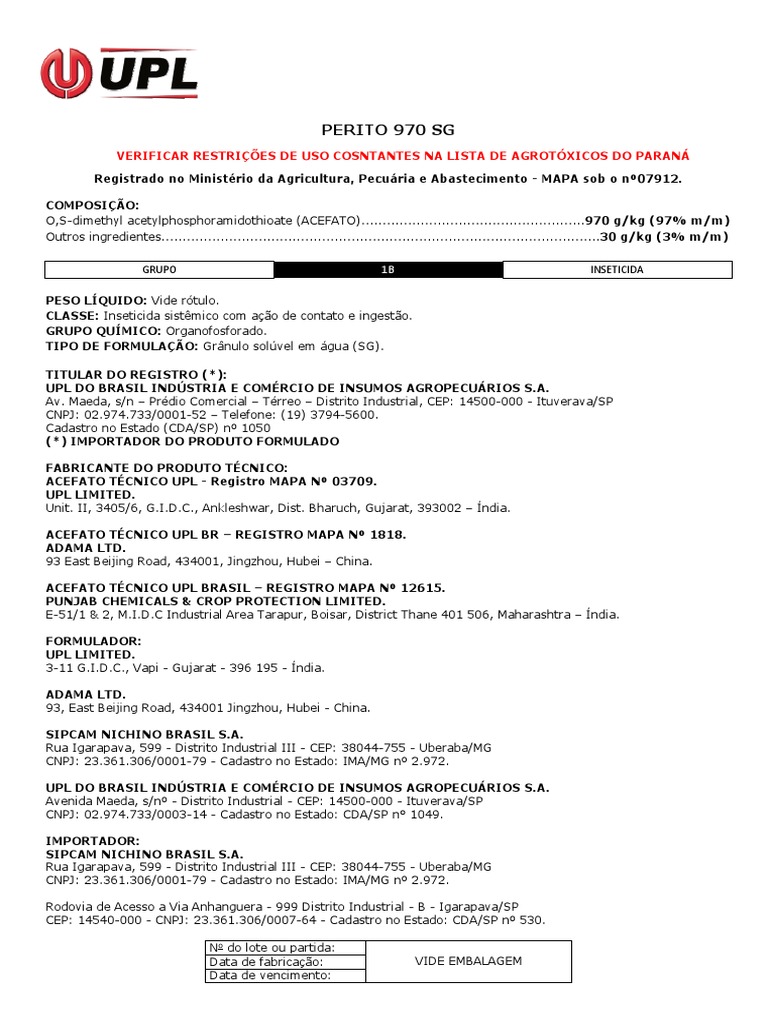 Perito 970 SG | PDF | Embalagem e rotulagem | Inseticida