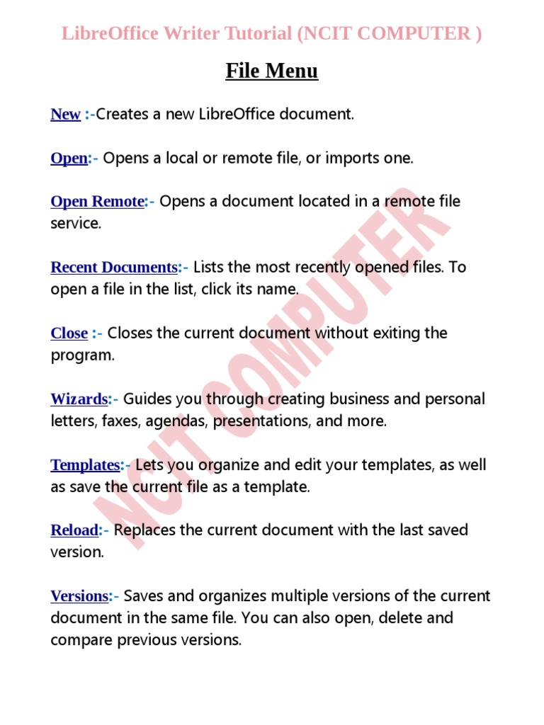 File Menu: Libreoffice Writer Tutorial (Ncit Computer) | PDF | Computer ...