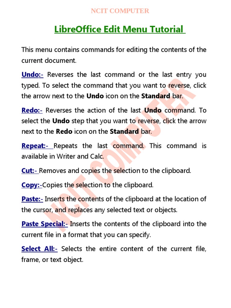 LibreOffice Edit Menu Tutorial: Undo, Redo, Cut, Copy & Paste | PDF