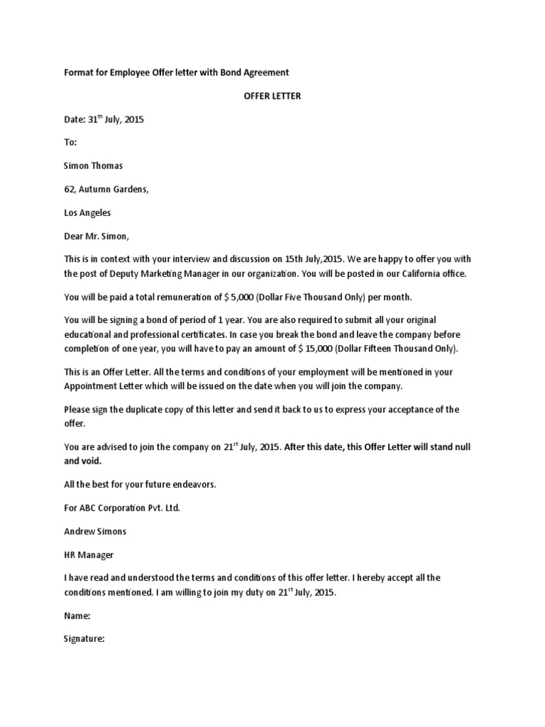 Employee Offer Letter with Bond Terms | PDF | Business | Law