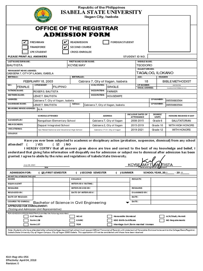 Admission Form: Office of The Registrar | PDF | University And College ...