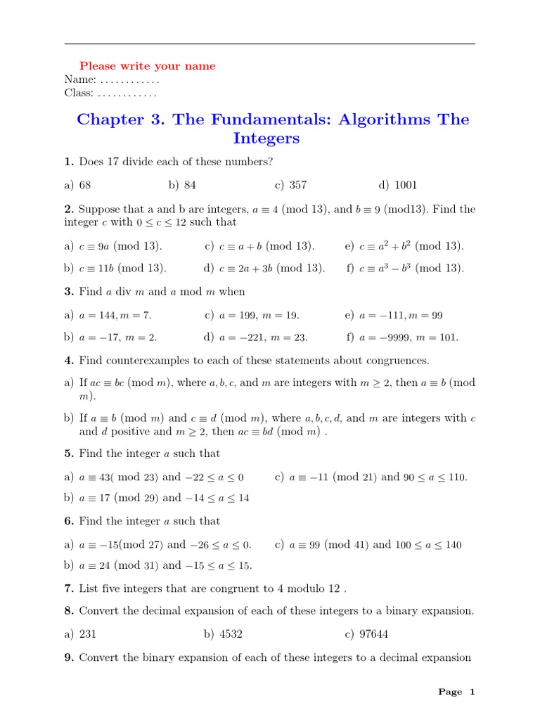 Chapter 3. The Fundamentals: Algorithms The Integers: Please Write Your Name | PDF | Numbers ...