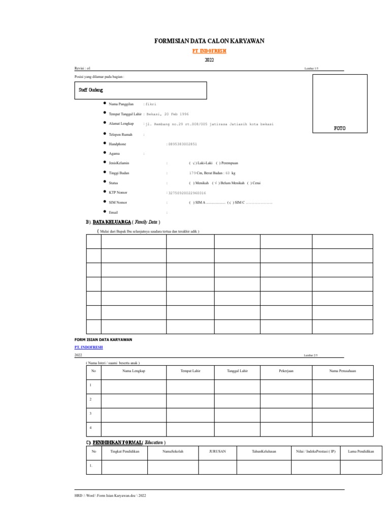 Formulir Data Calon Karyawan Indofresh | PDF
