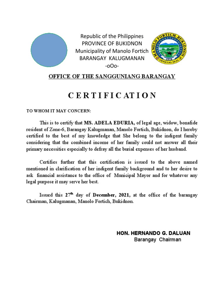 Certification: Office of The Sangguniang Barangay | PDF