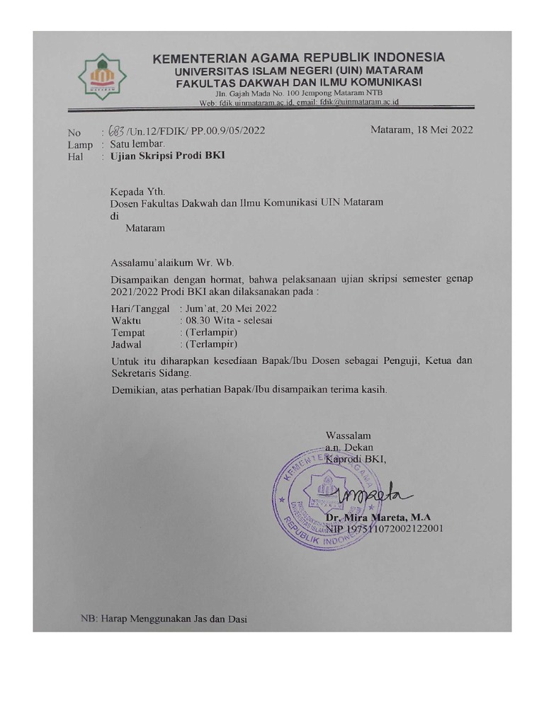 Surat Undangan Dan Jadwal Ujian Skripsi BKI 20 Mei 2022 | PDF