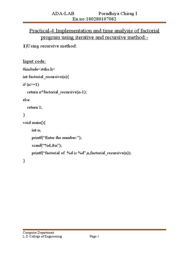Practical-4:Implementation and Time Analysis of Factorial Program Using Iterative and Recursive ...