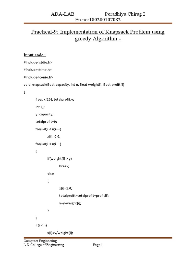 Practical 9 Implementation Of Knapsack Problem Using Greedy Algorithm Pdf Software