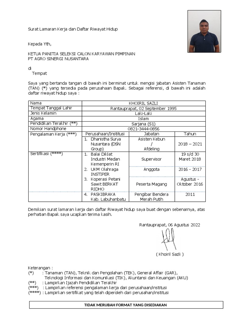 Formulir Lamaran Kerja PT Agro Sinergi Nusantara | PDF