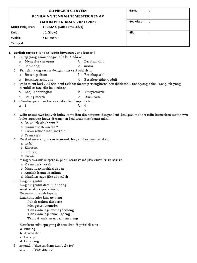 Print PTS KELAS 2 (Tema 5 Subtema 3 Dan 4) | PDF