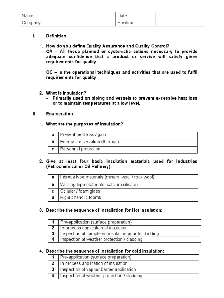 QC Insulation Questionaire | PDF | Thermal Insulation | Pipe (Fluid ...