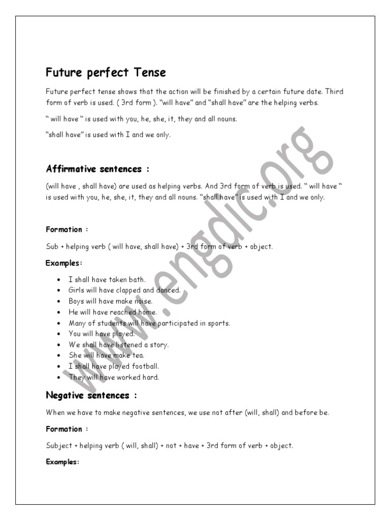 Future Perfect Tense | PDF | Verb | Perfect (Grammar)
