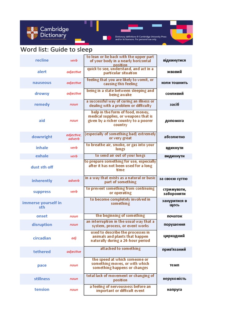 Word List: Guide To Sleep | PDF | Adjective | Noun