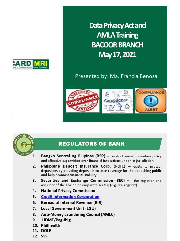 AMLA and DATA PRIVACY TRAINING - V5 - BACOOR - BRANCH | PDF | Identity ...
