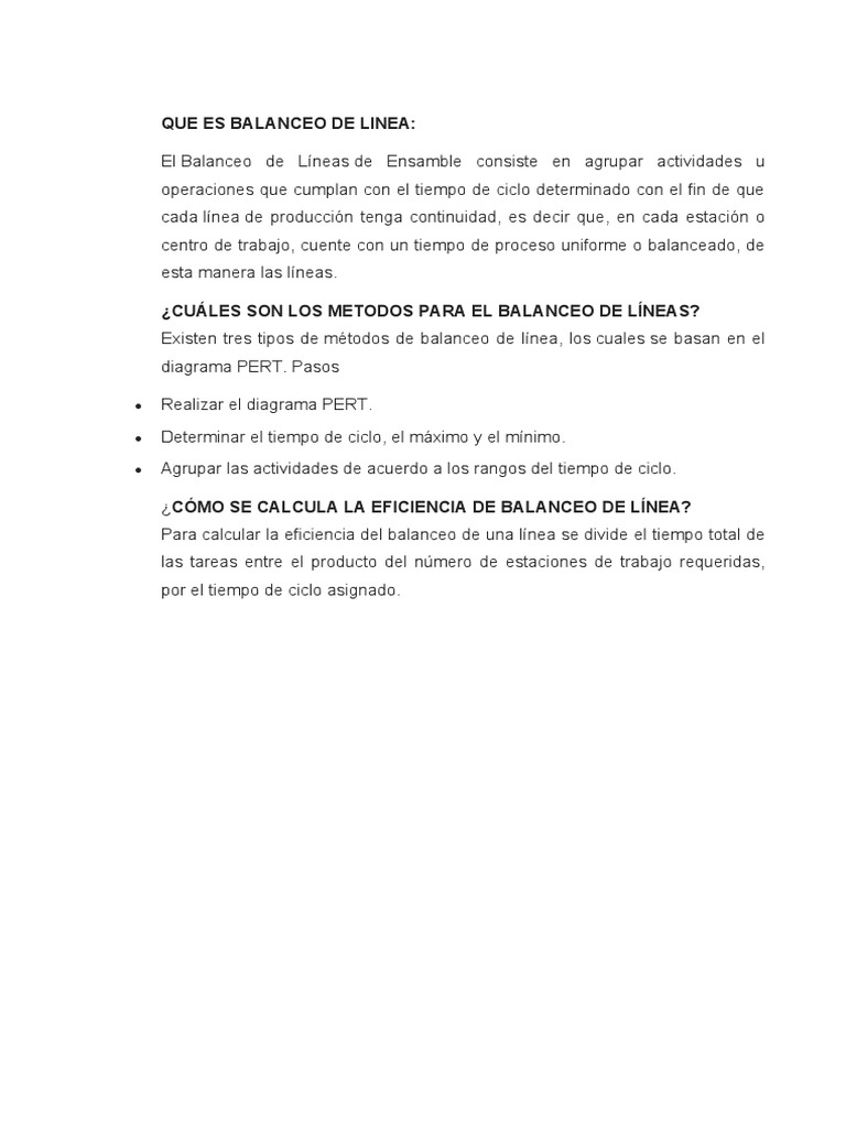 Balanceo de Líneas de Ensamble: Métodos y Eficiencia | PDF