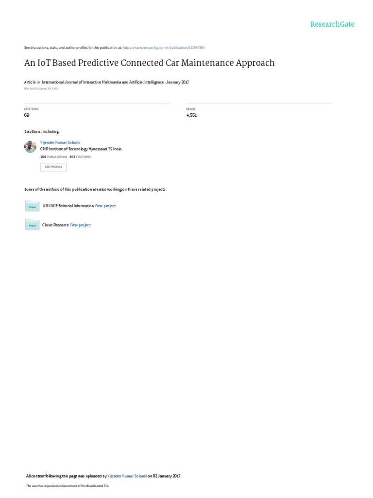 An Iot Based Predictive Connected Car Maintenance Approach Pdf