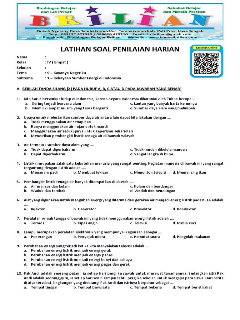 Soal Tematik Kelas 4 SD Tema 9 Subtema 1 Kekayaan Sumber Energi Di Indonesia - WWW ...