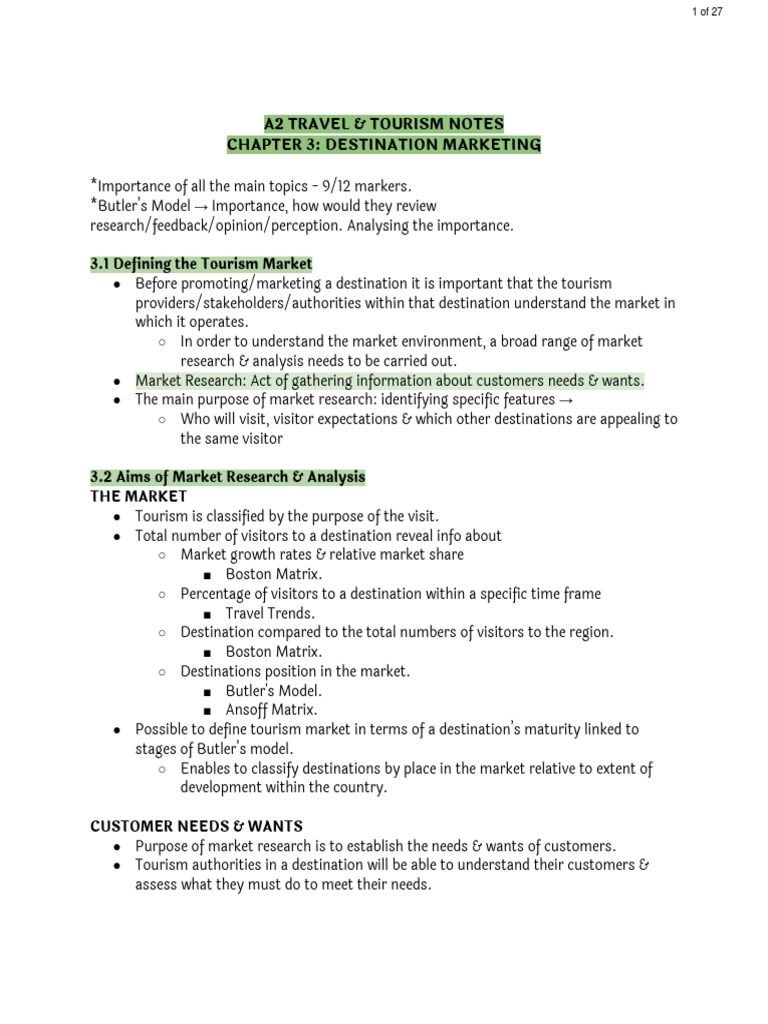 A2 Travel Tourism Notes Chapter 3 Destination Marketing 3 1