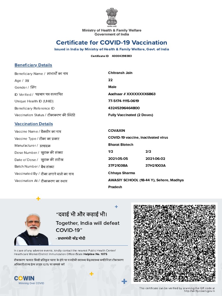 Final Certificate of Vaccination CHITRANSH JAIN | PDF
