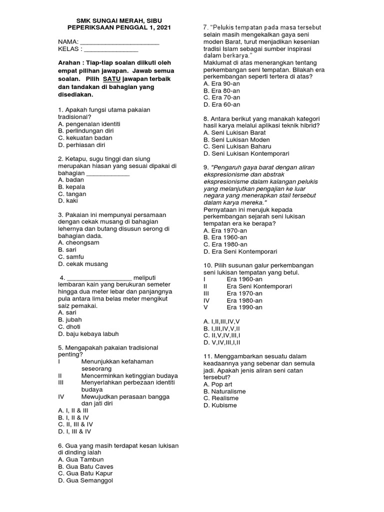 Peperiksaan Penggal 1 PSV Tingkatan 3 | PDF