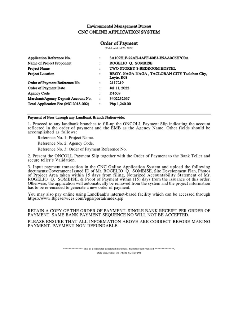 Order of Payment: CNC Online Application System | PDF | Payments | Banks