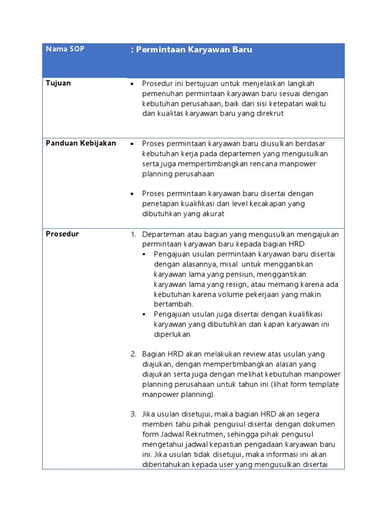 Contoh SOP Permintaan Karyawan Baru | PDF