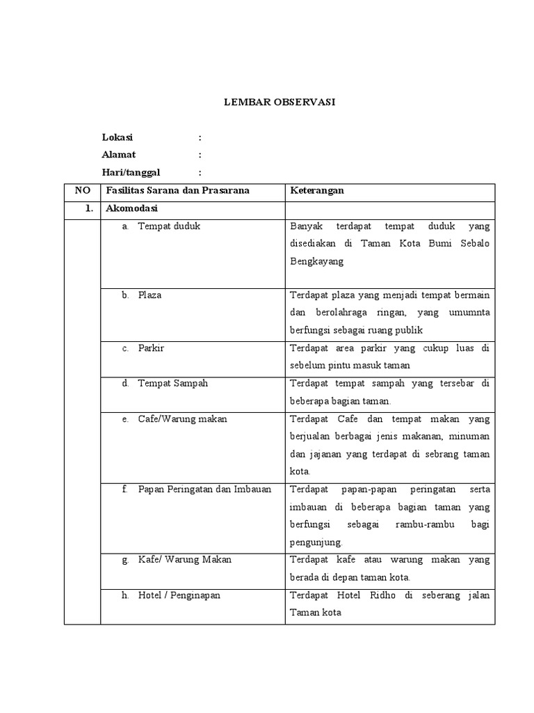 Observasi Taman Kota Bumi Sebalo | PDF