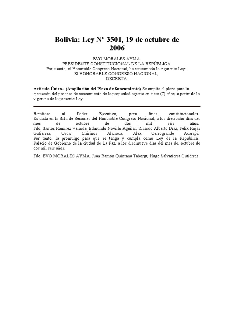 LEY 3501 Y 429 Inra Saneamiento | PDF | Bolivia | América del Sur