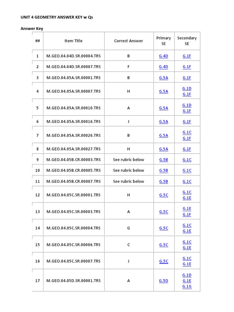 Unit 4 Geometry Answer Key W Qs Answer Key | PDF | Triangle | Mathematics