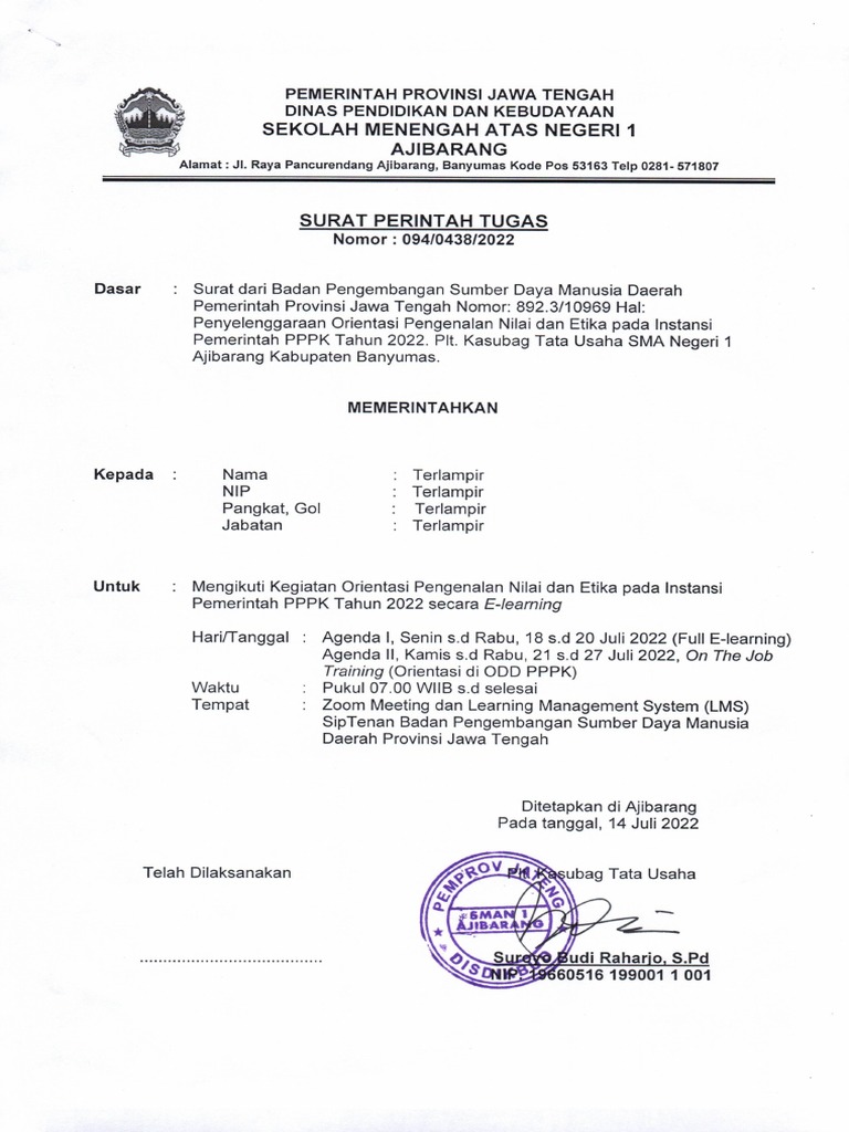 Surat Perintah Tugas Orientasi Pengenalan Nilai Dan Etika Pada Instansi Pemerintah PPPK Tahun ...