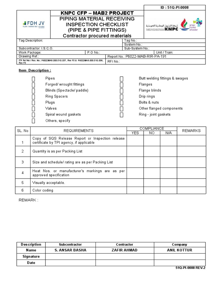 Piping Material Receiving Inspection Checklist (Pipe & Pipe Fittings ...