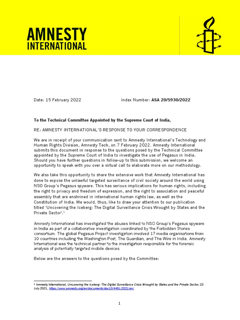 Amnesty International Letter To The Technical Committee Appointed by ...