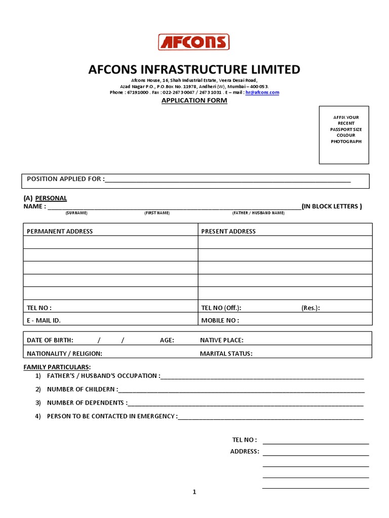 Afcons Infrastructure Limited: Application Form | PDF