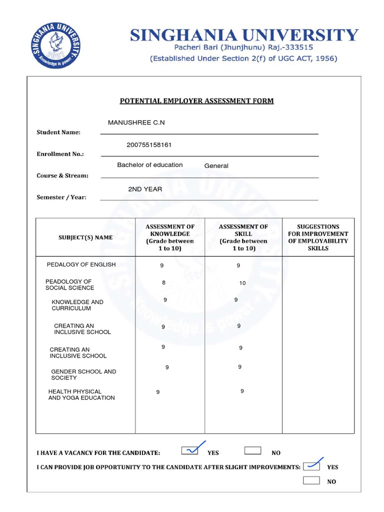 Potential-Employer-Assessment-Form Filled | PDF