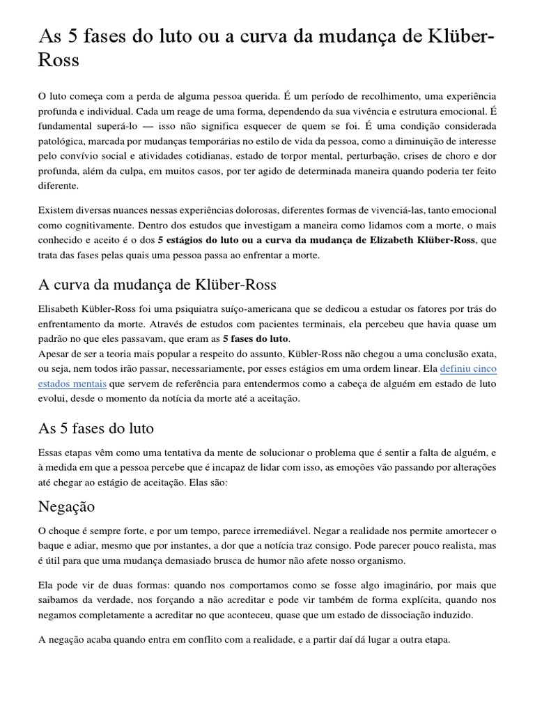 As 5 Fases Do Luto Ou A Curva Da Mudança de Kluber Ross | PDF | Morte ...