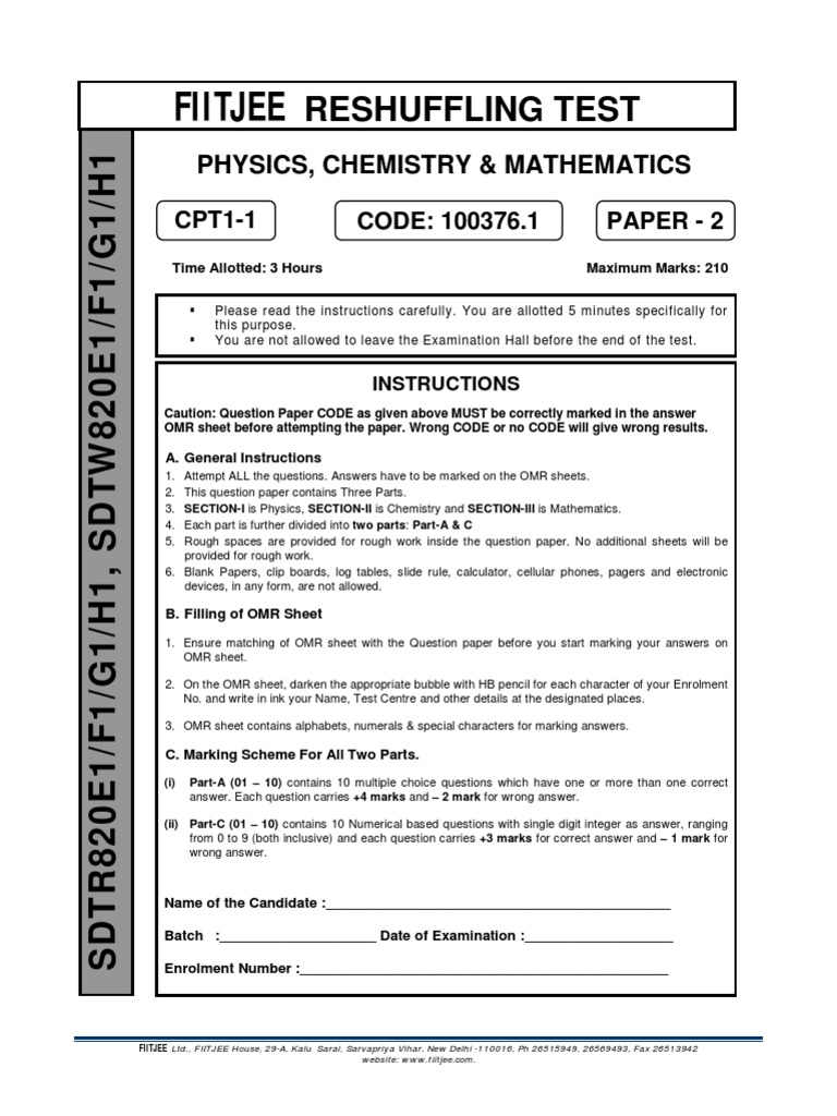 Fiitjee: Reshuffling Test | PDF | Elementary Mathematics | Mathematical ...